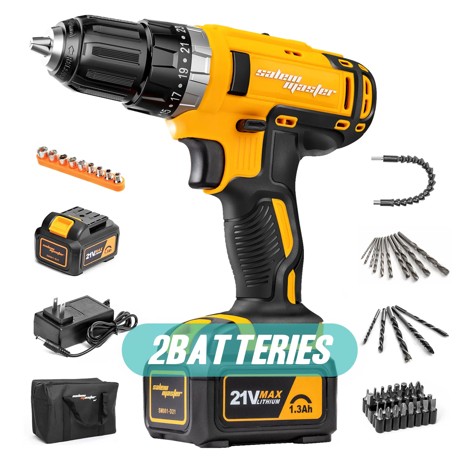SALEM MASTER 21V 3/8'' Cordless Power Drill for Wall/Brick/Wood/Metal 2 ...